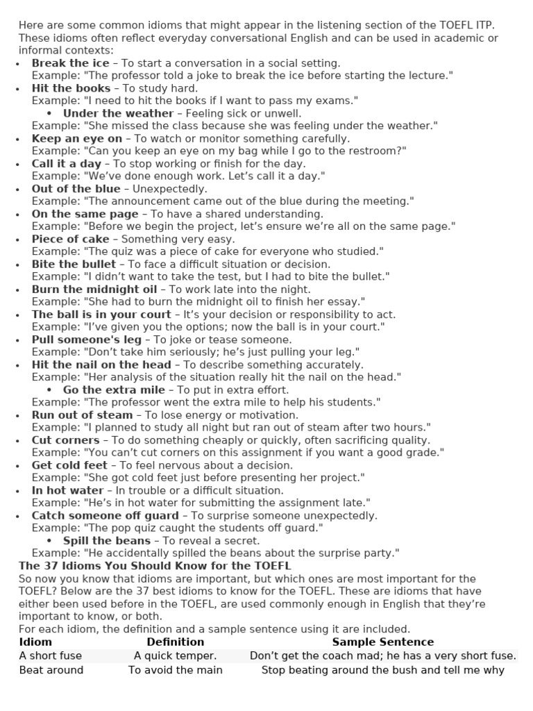 Essential TOEFL Idioms to Know | PDF | Idiom