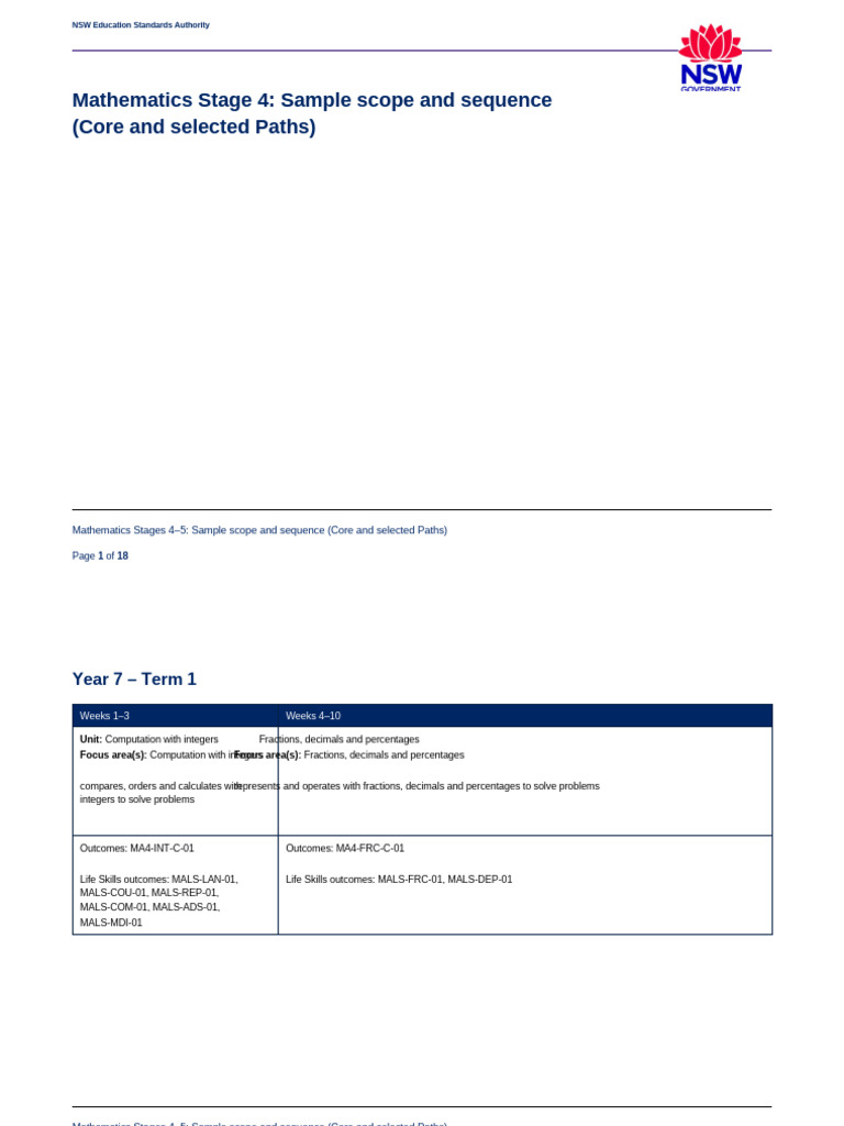 04 Sample Scope and Sequence Stages 4 5 Core and Selected Paths | PDF ...