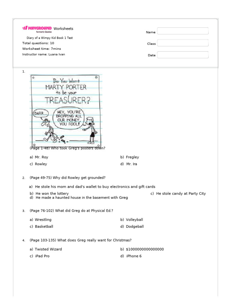 Diary of a Wimpy Kid Test Worksheet | PDF | Chess | Chess Theory