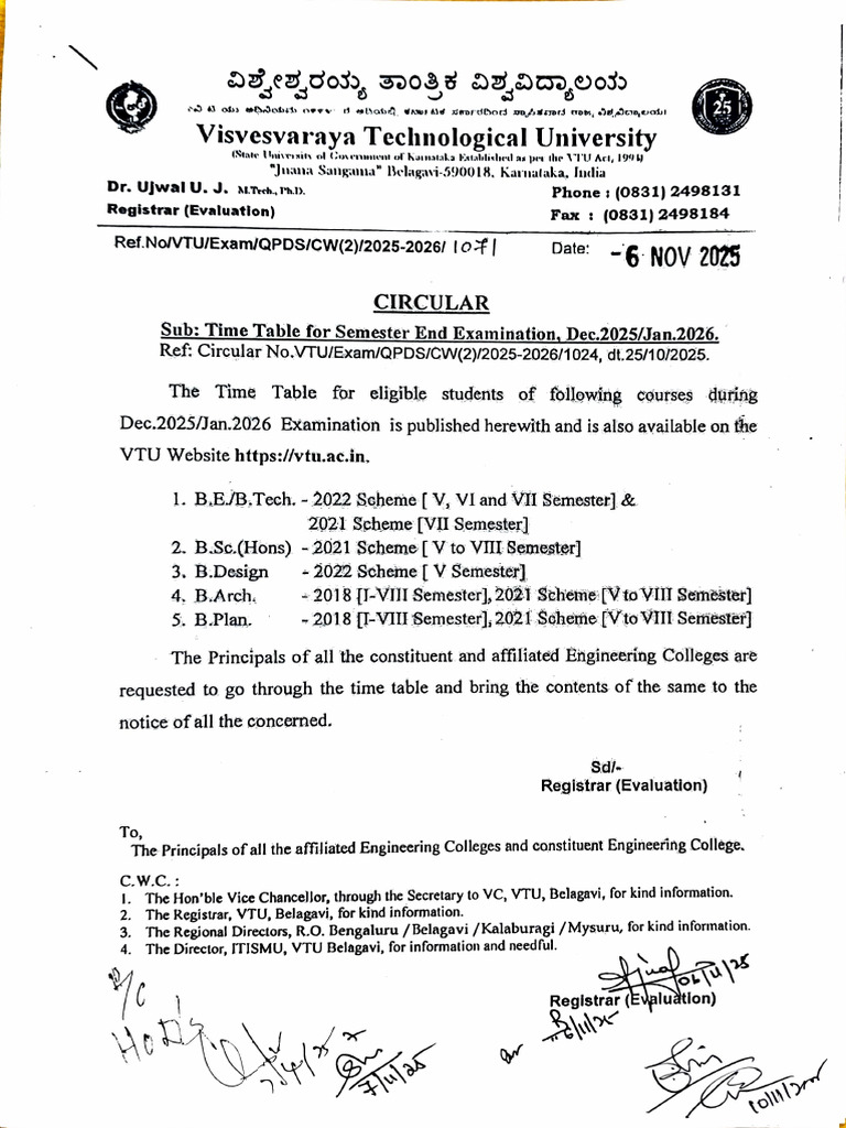 Time Table For VTU Examination 2025-26 | PDF