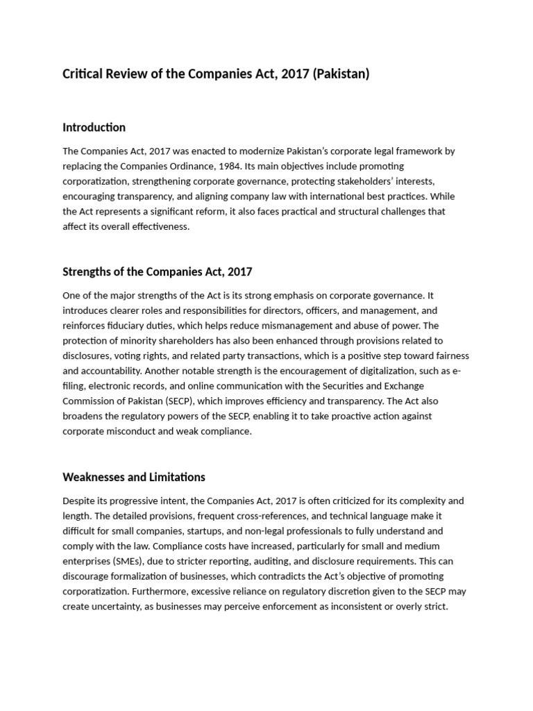 Critical Review of The Companies Act 2017 | PDF | Regulatory Compliance ...