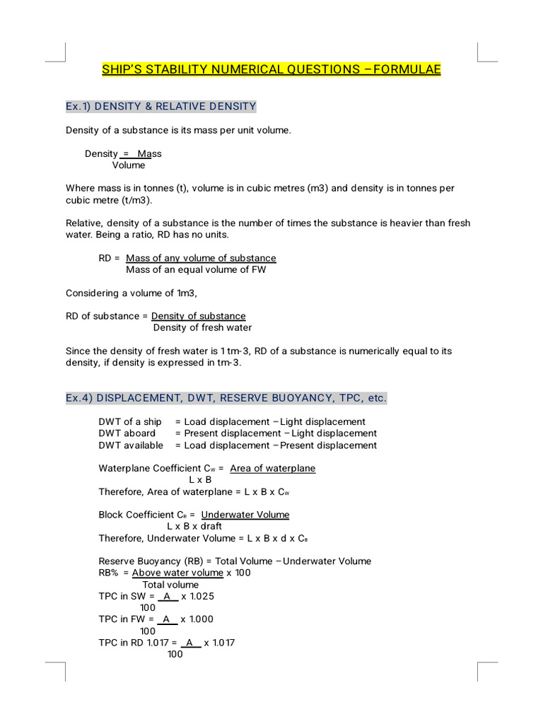Ship Stability Formulas and Calculations | PDF | Physical Quantities ...