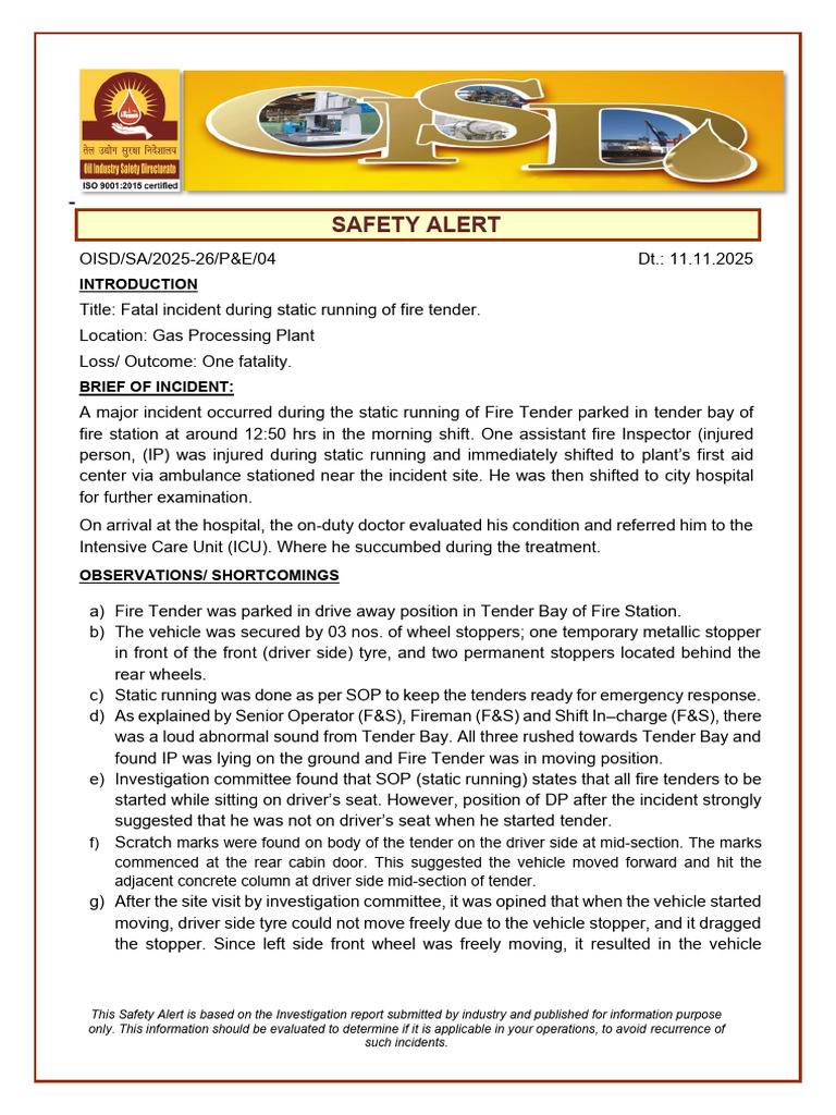 Fatal Incident During Static Running of Fire Tender. | PDF | Safety