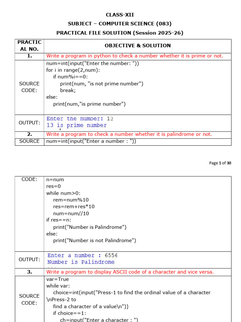 Class XII (Lab Manual 2025-26) | PDF