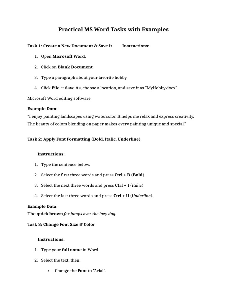 MS Word Practical Tasks Guide | PDF | Microsoft Word | Arial