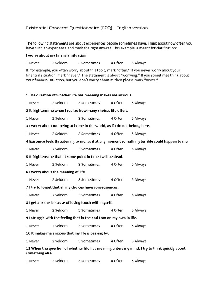 Existential Concerns Questionnaire (ECQ) | PDF | Psychological Concepts ...
