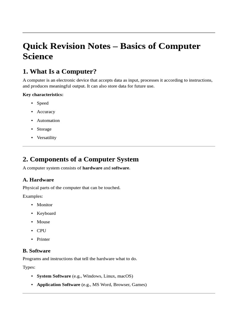 Quick Revision Notes - Basics of Computer Science | PDF | Computer Data ...