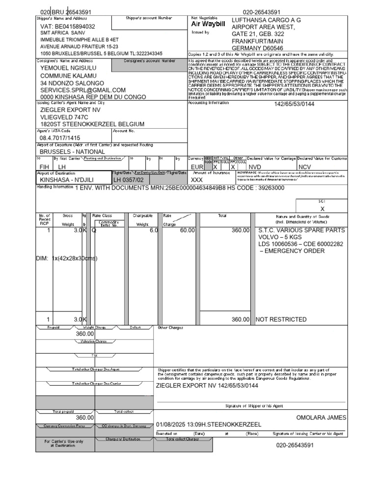 Air Waybill 020-26543591 | PDF