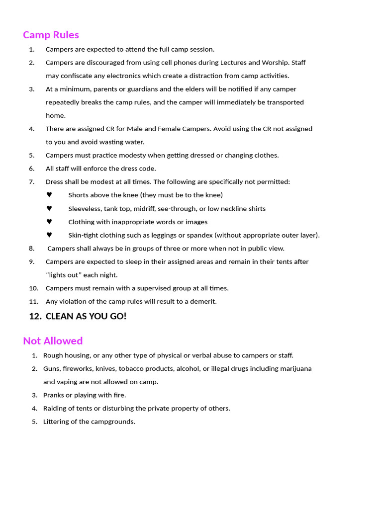 Essential Camp Rules and Guidelines | PDF