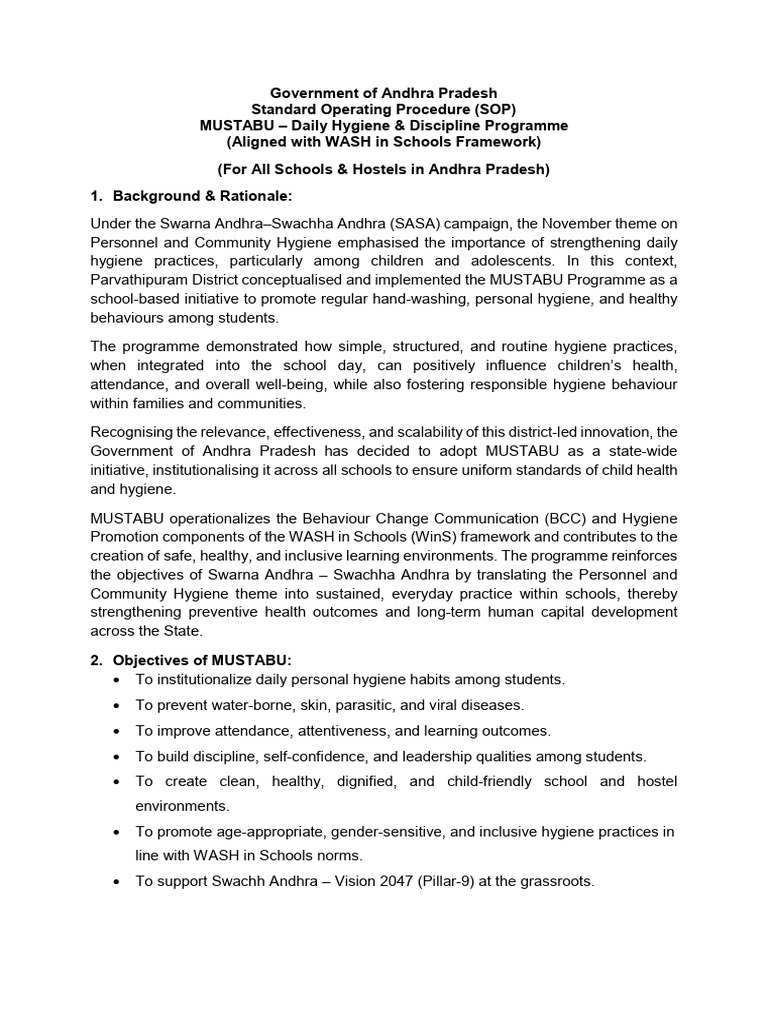 MUSTABU Hygiene Programme SOP for Schools | PDF | Wash | Hand Washing