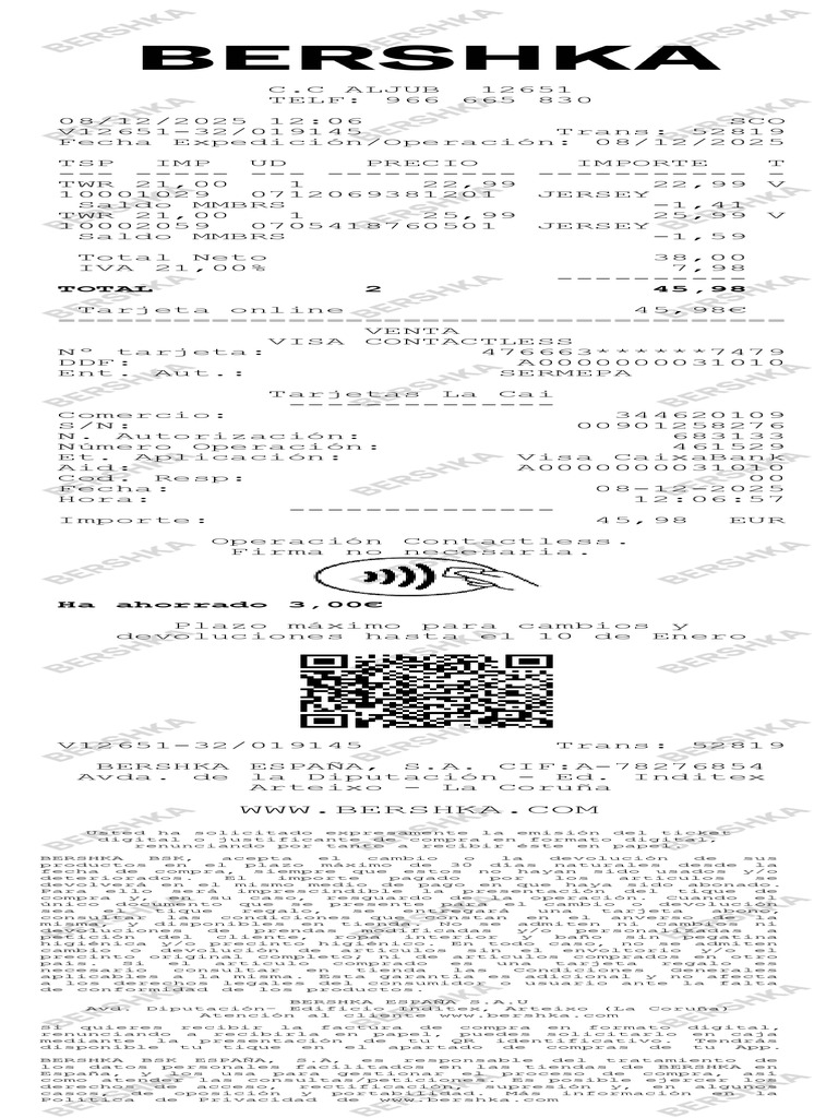 Ticket de compra BERSHKA 08/12/2025 | PDF