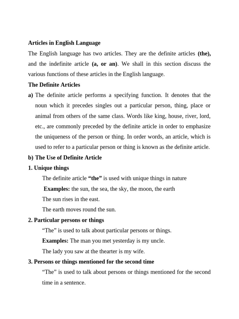 Articles and Use of Definite The Definite Article in English Language ...