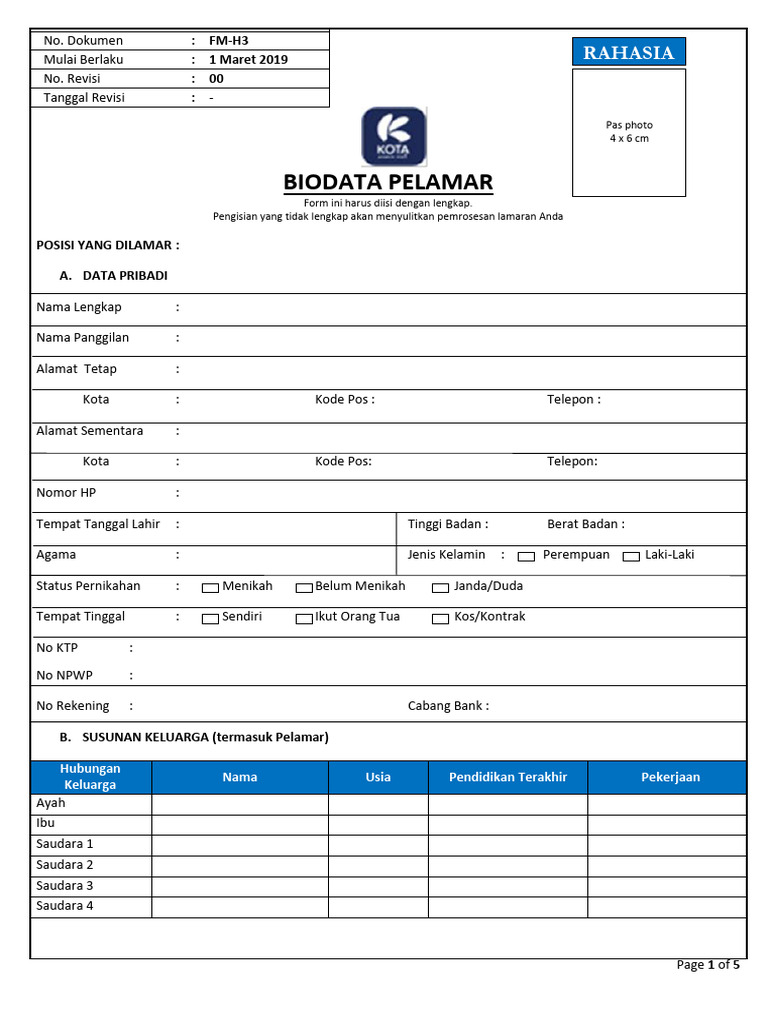 Formulir Biodata Pelamar Kerja | PDF