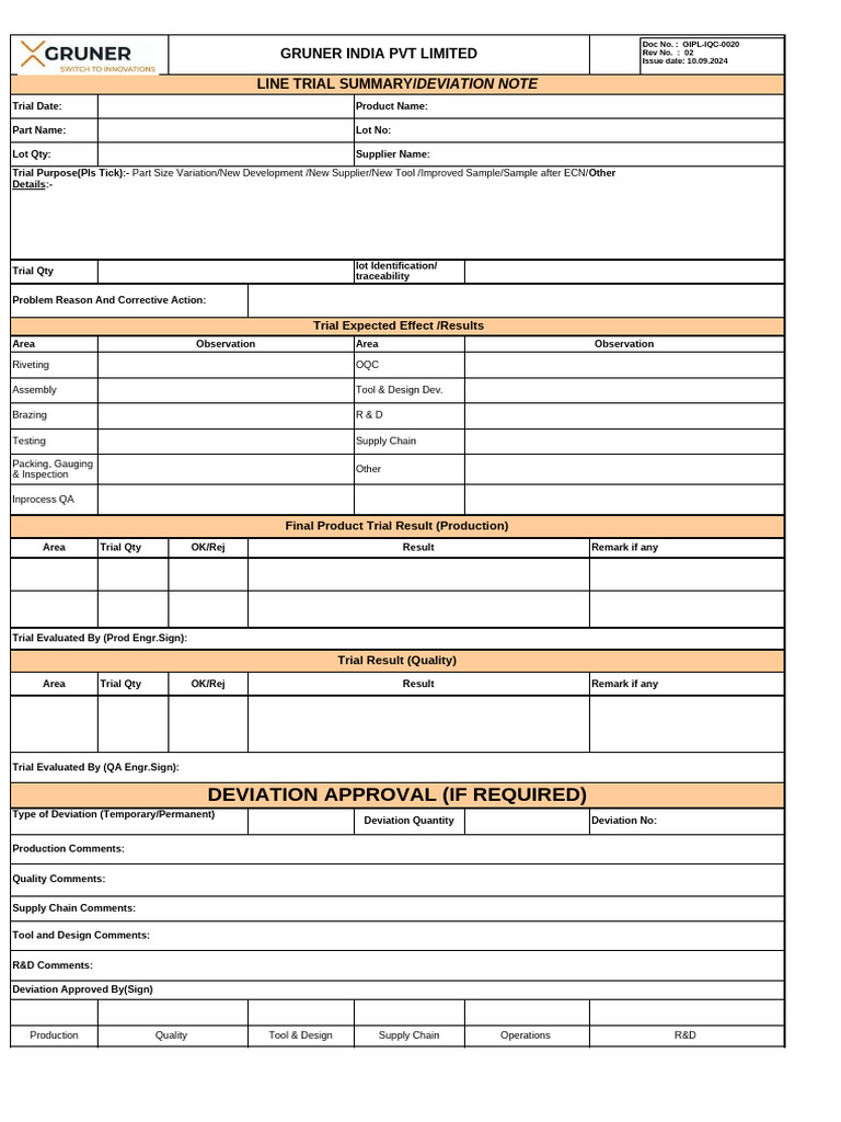 GIPL-IQC-0020 Line Trial Deviaion Format Rev-02 10.09.2024 | PDF