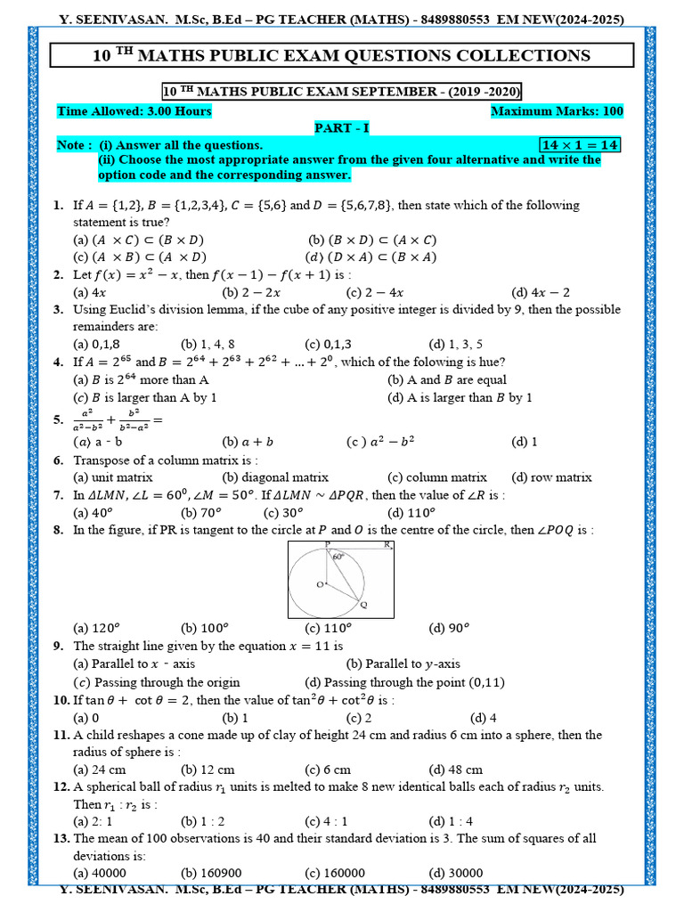 10TH MATHS Public Exam Questions and PTA Questions 2019 2024 | PDF ...