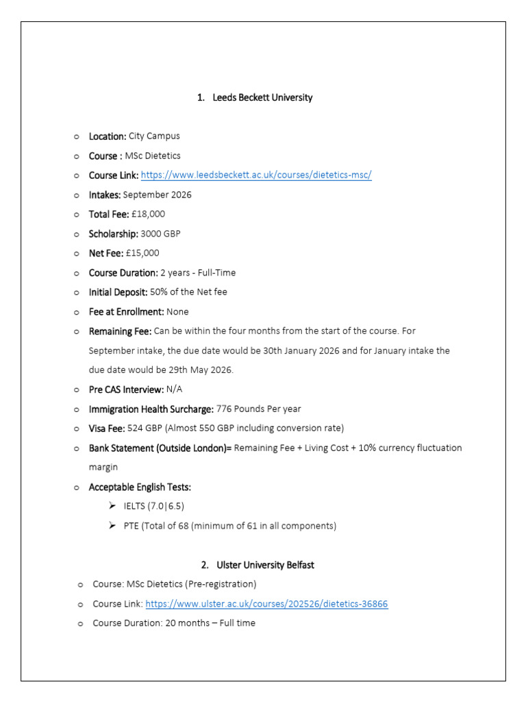 Dietetics and Nutrition Courses | PDF | International English Language ...