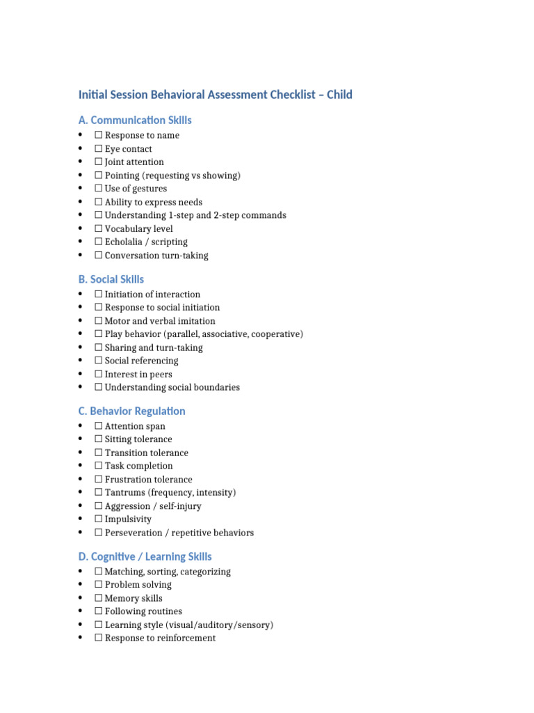 Child Behavior Therapy Initial Assessment Checklist | PDF | Perception ...