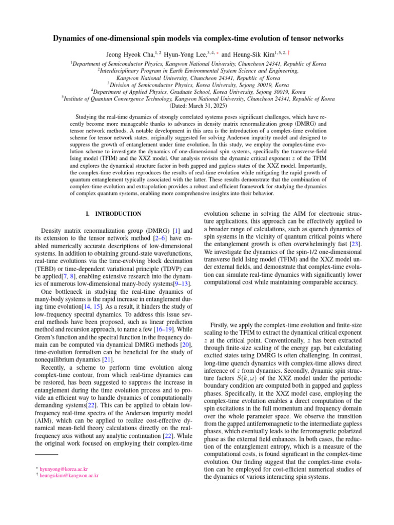 Dynamics of One-Dimensional Spin Models Via Complex-Time Evolution of ...