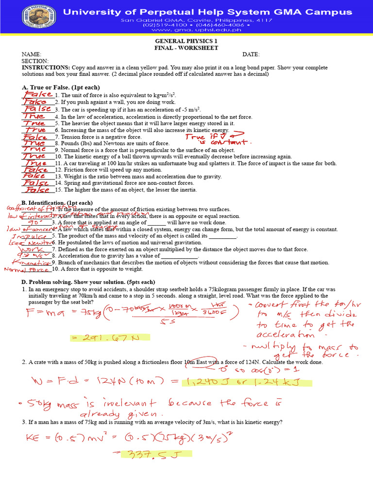 Phys1 Fin Worksheet 2025-With-Answers | PDF | Force | Mass