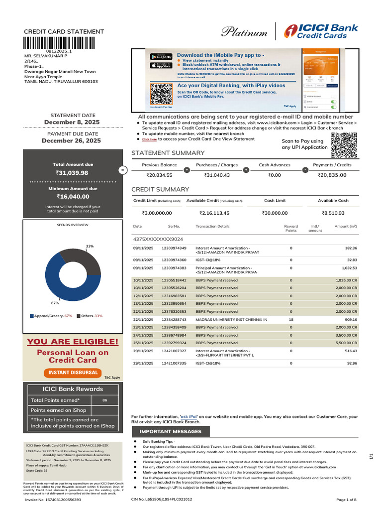ICICI Bank Credit Card Statement Summary | PDF | Credit Card | Fee