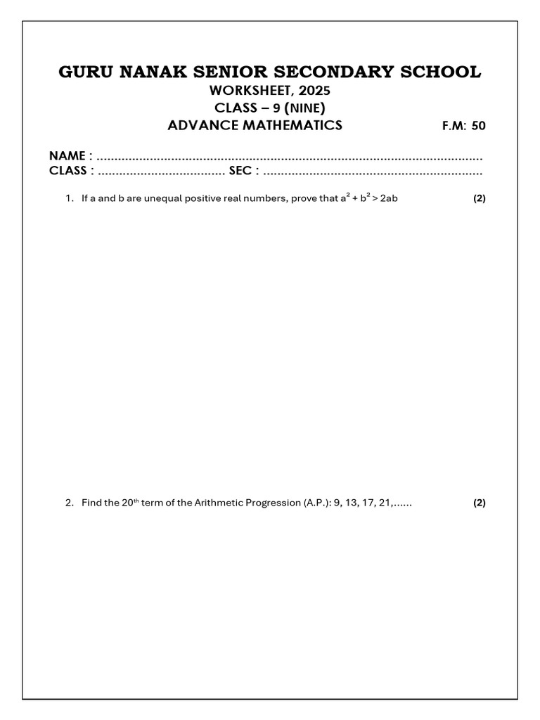 Class 9 Advanced Mathematics Worksheet | PDF | Elementary Geometry