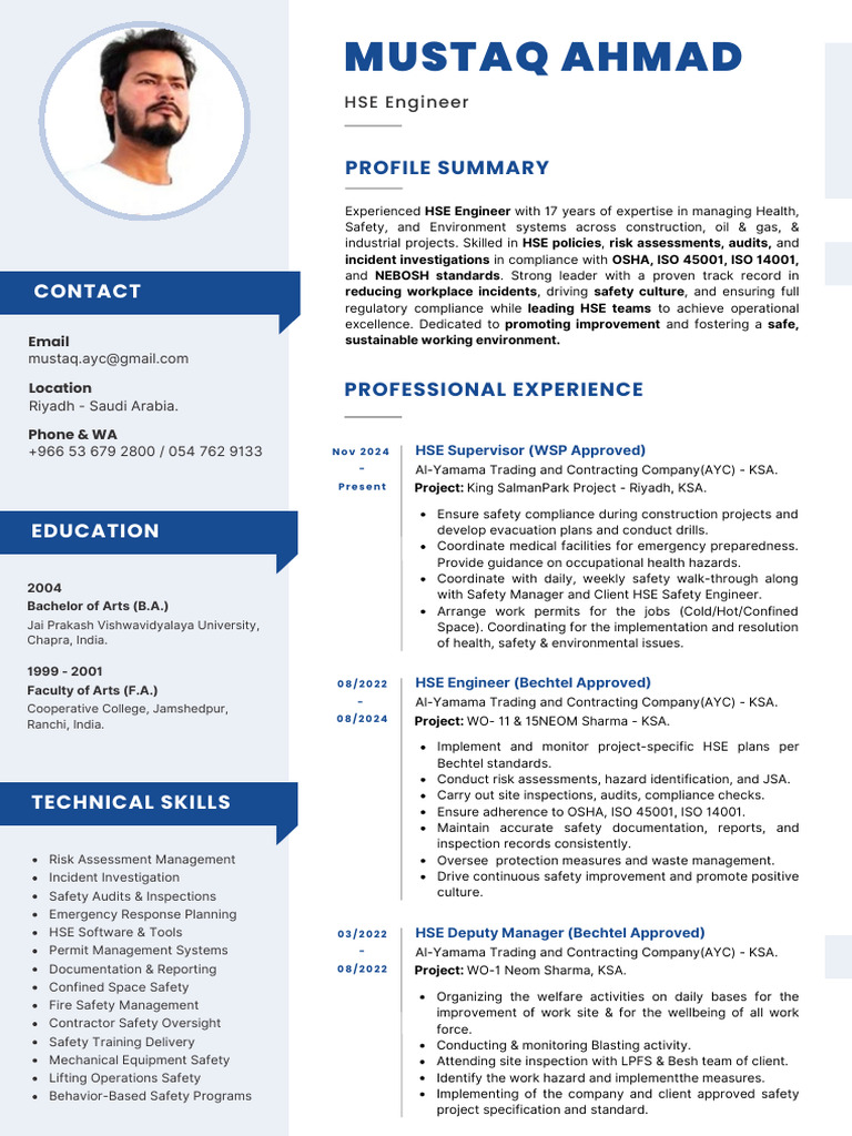Mustaq Ahmad - HSE Engineer | PDF | Safety | Occupational Safety And Health