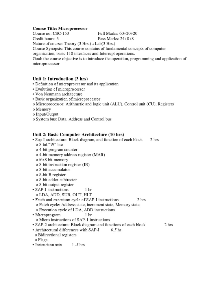 CSC153 Syllabus of Microprocessor | PDF | Central Processing Unit | Instruction Set