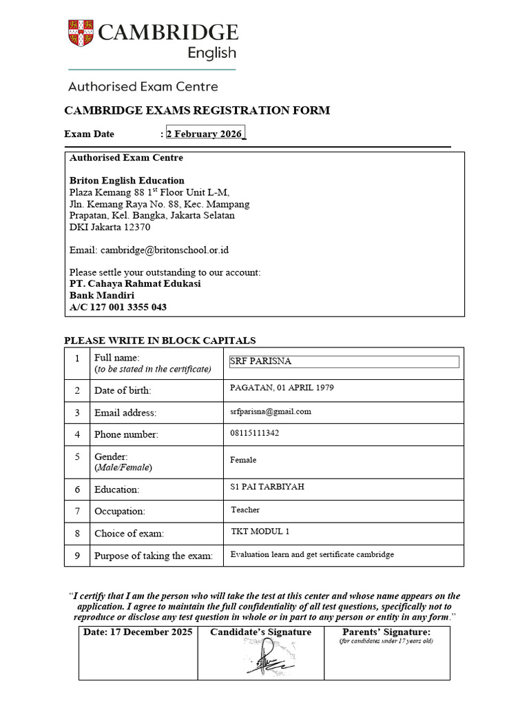Cambridge Exam Registration Form Syarifah | PDF