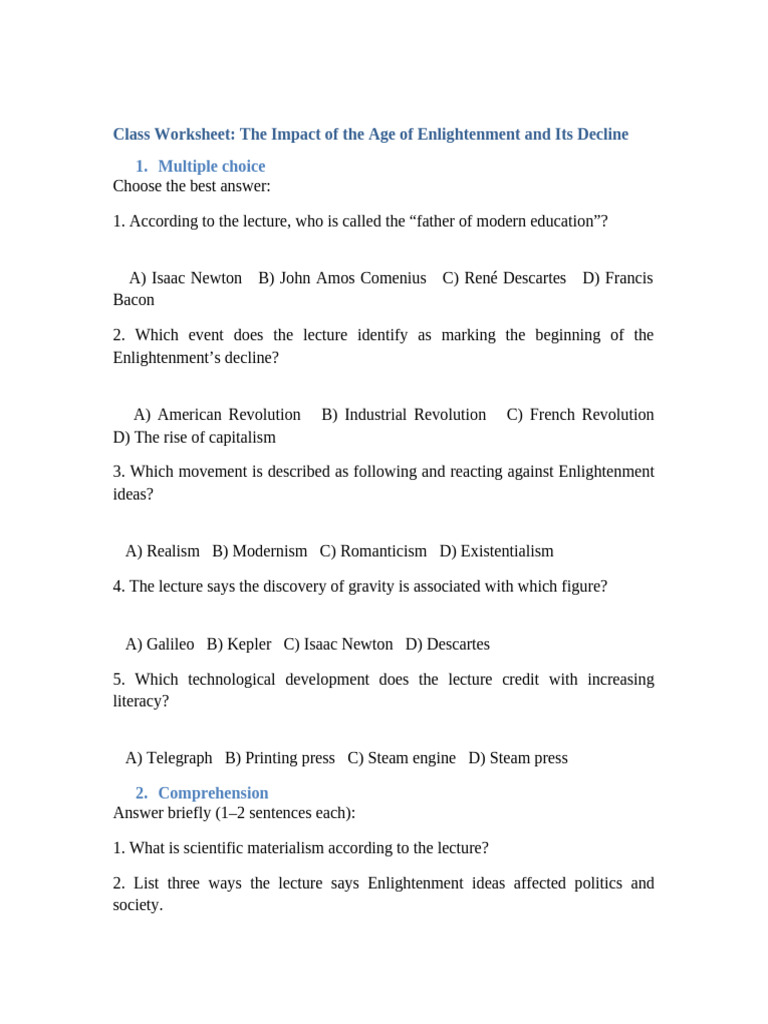 Enlightenment Impact and Decline Worksheet | PDF