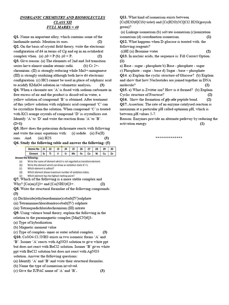 Inorganic Chemistry and Biomolecules | PDF | Chromium | Isomer