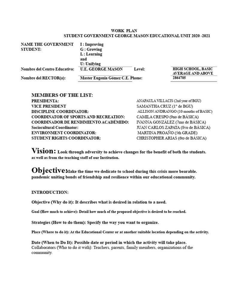 Student Government Work Plan 2020 - 2021. Anapaula Villacis | PDF ...