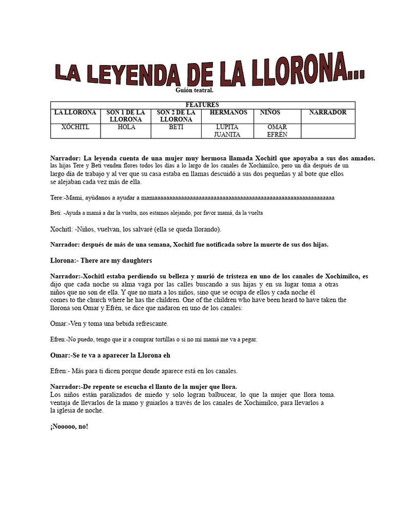 Guion Teatral Leyenda De La Llorona Pdf