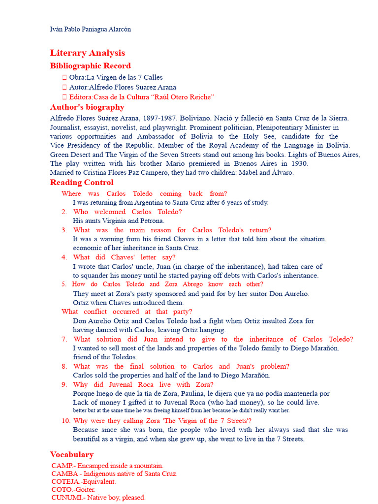 Literary Analysis of The Virgin of The 7 Streets | PDF