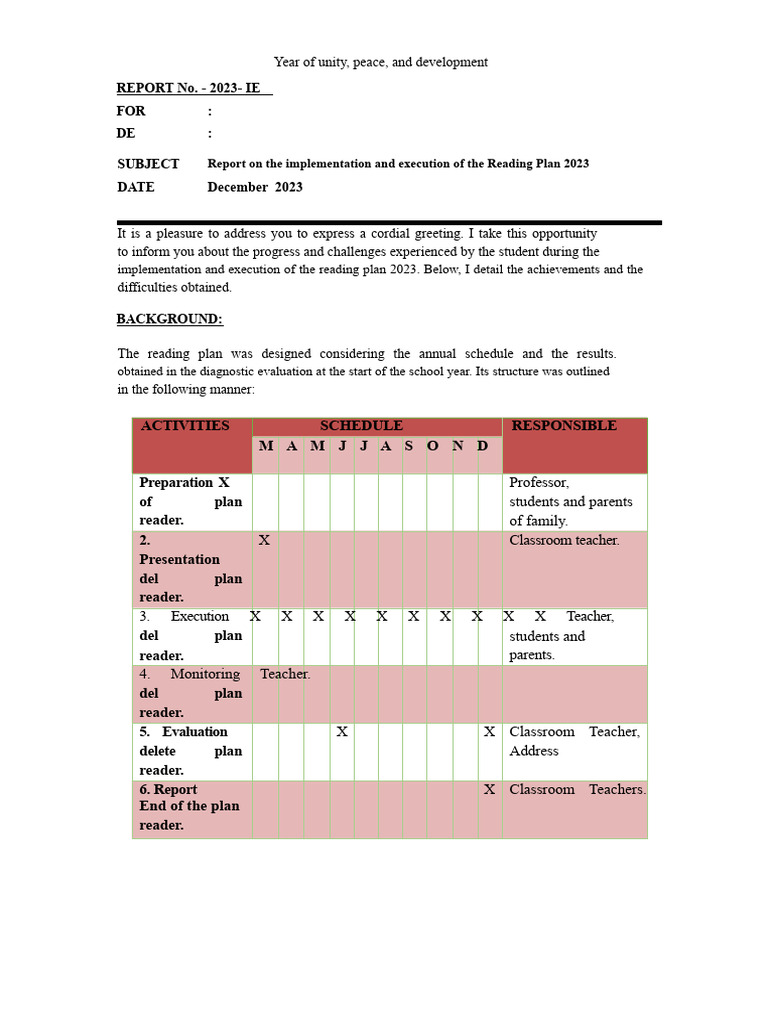 Report On The Implementation and Execution of The Reading Plan Primary ...