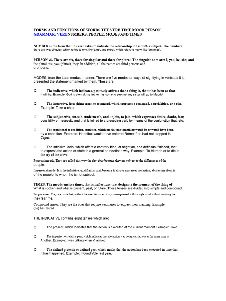 Forms and Functions of Words The Verb Time Mode Person | PDF ...