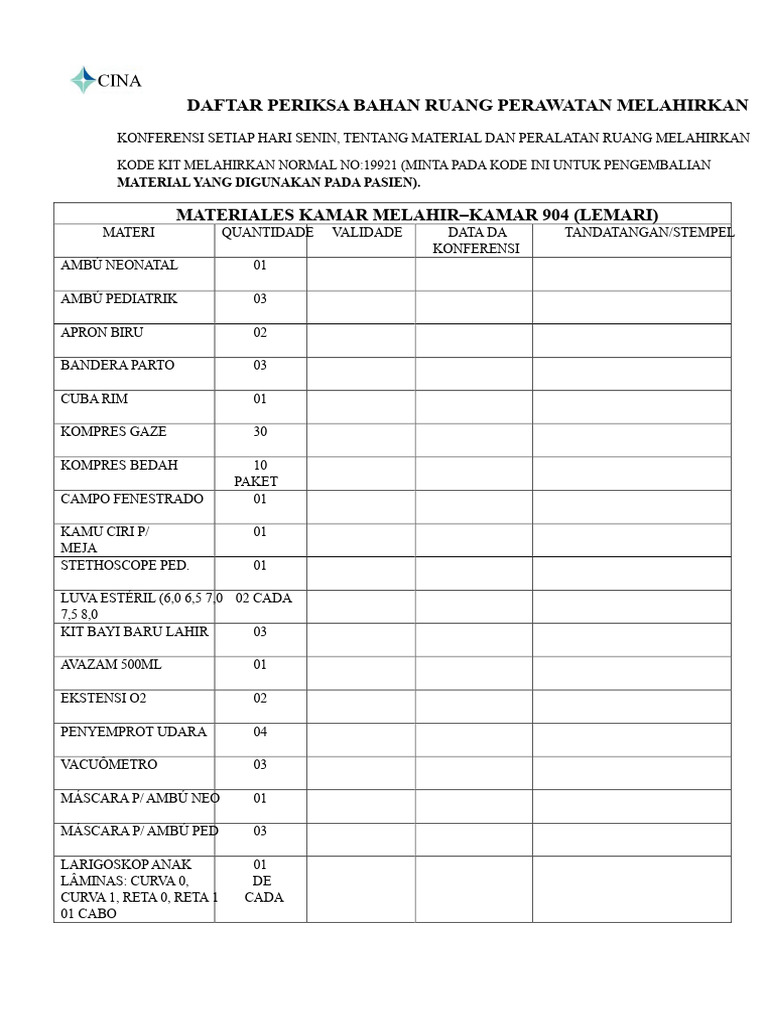 Daftar Periksa Material Ruang Melahirkan | PDF