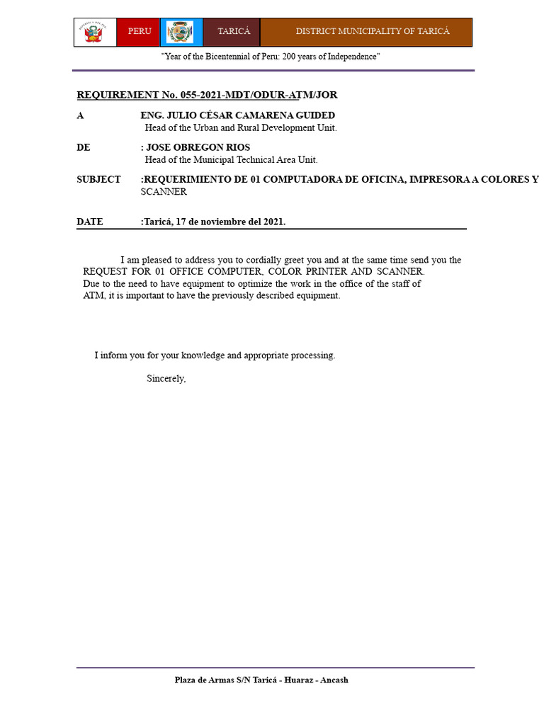 Office Equipment Request for Taricá | PDF | Personal Computers ...