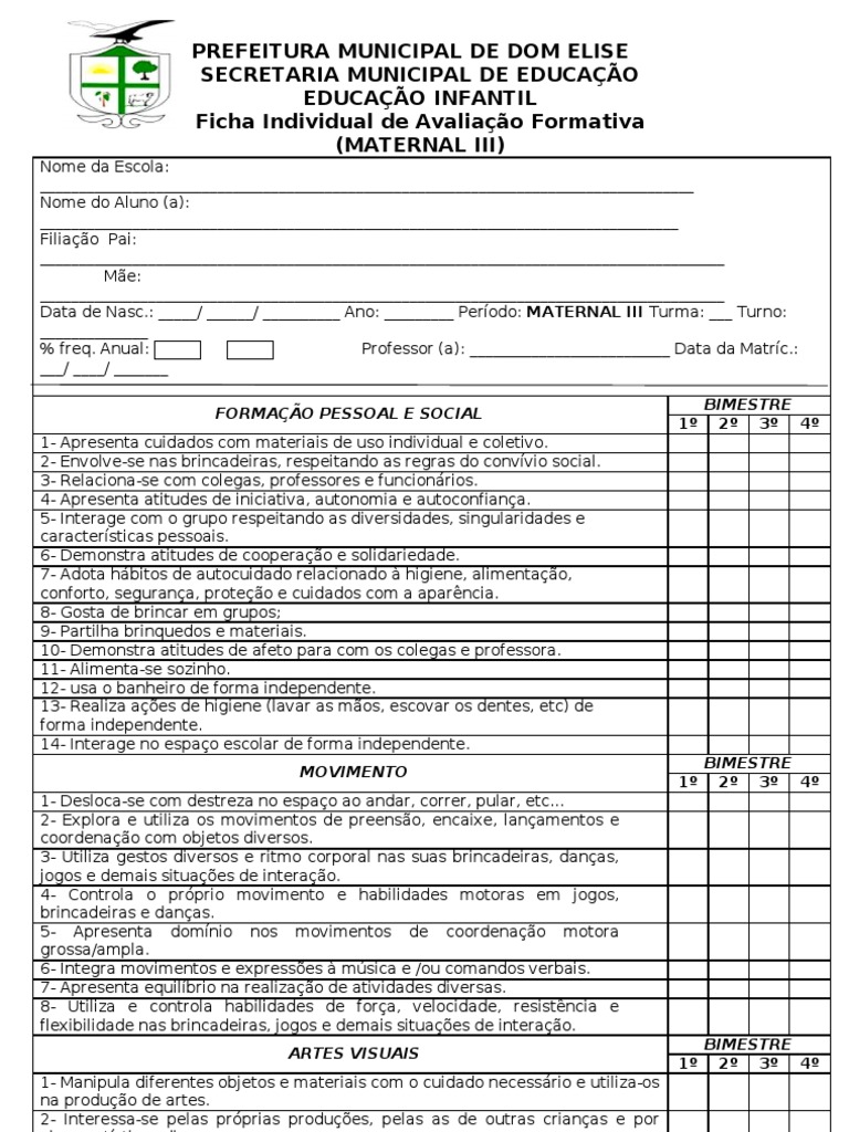 FICHA INDIVIDUAL DE AVALIAÇÃO FORMATIVA MATERNAL 2012