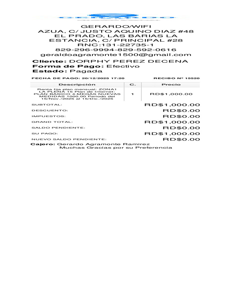 Recibo 15520 Gerardo Agramonte Ramirez | PDF
