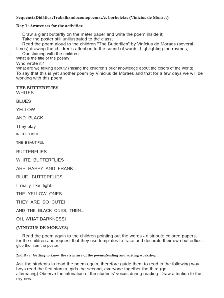 Didactic Sequence - Poem The Butterflies VINÍCIUS DE MORAIS | PDF ...