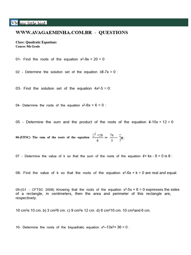Quadratic Equations Practice Questions | PDF | Equations | Area