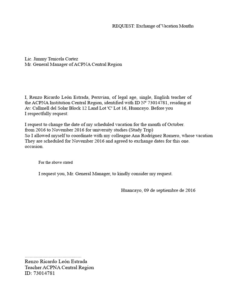 Request For Change of Vacation | PDF