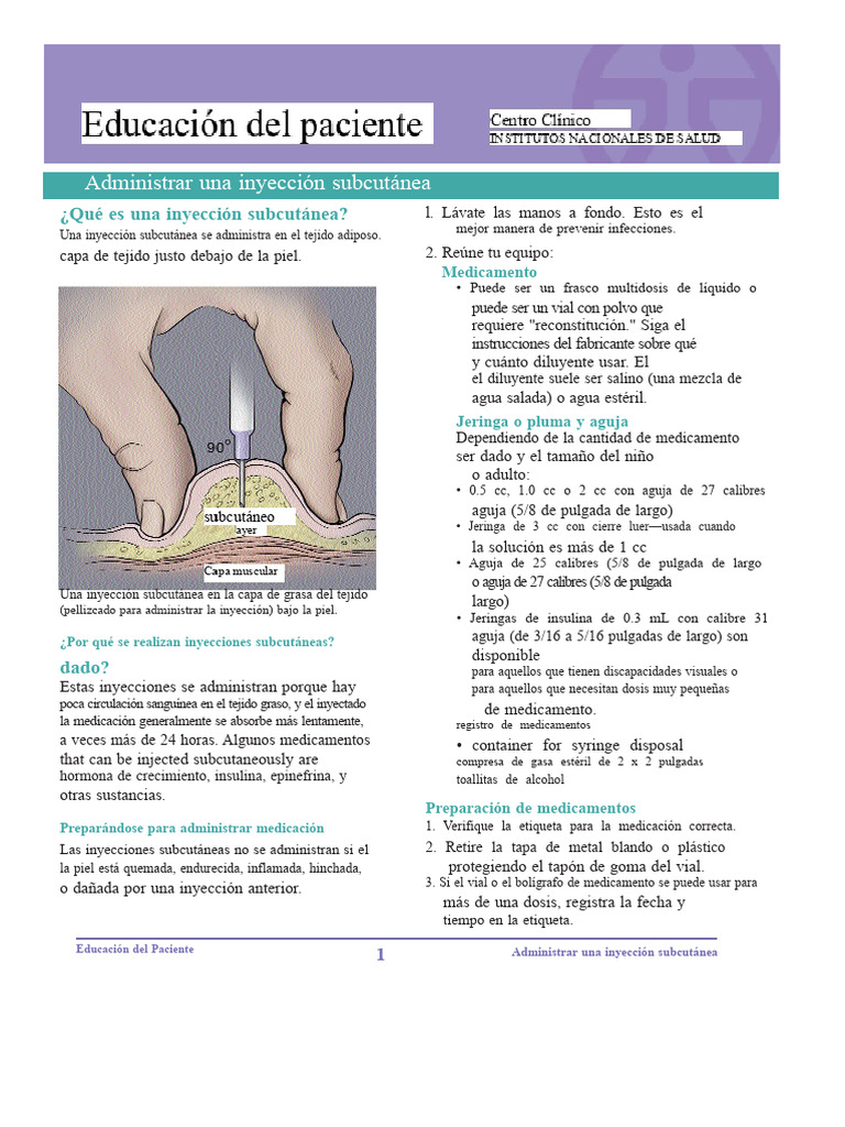 Administración de Inyección Subcutánea | PDF | Inyección (medicina ...