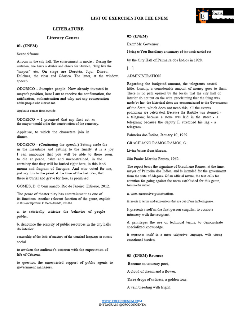 Literary Genres List of Exercises Literature ENEM | PDF | Poetry ...