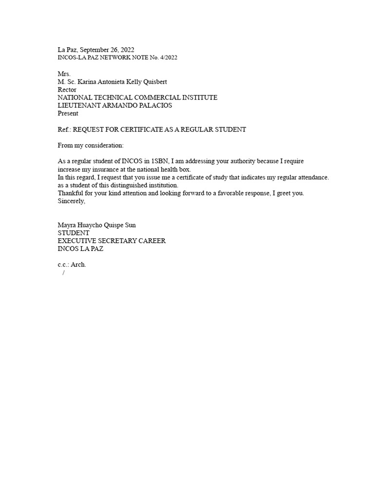 Request For Certificate As A Regular Student | PDF