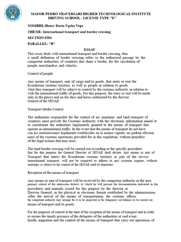 ESSAY International Transport and Border Crossing | PDF | Customs ...