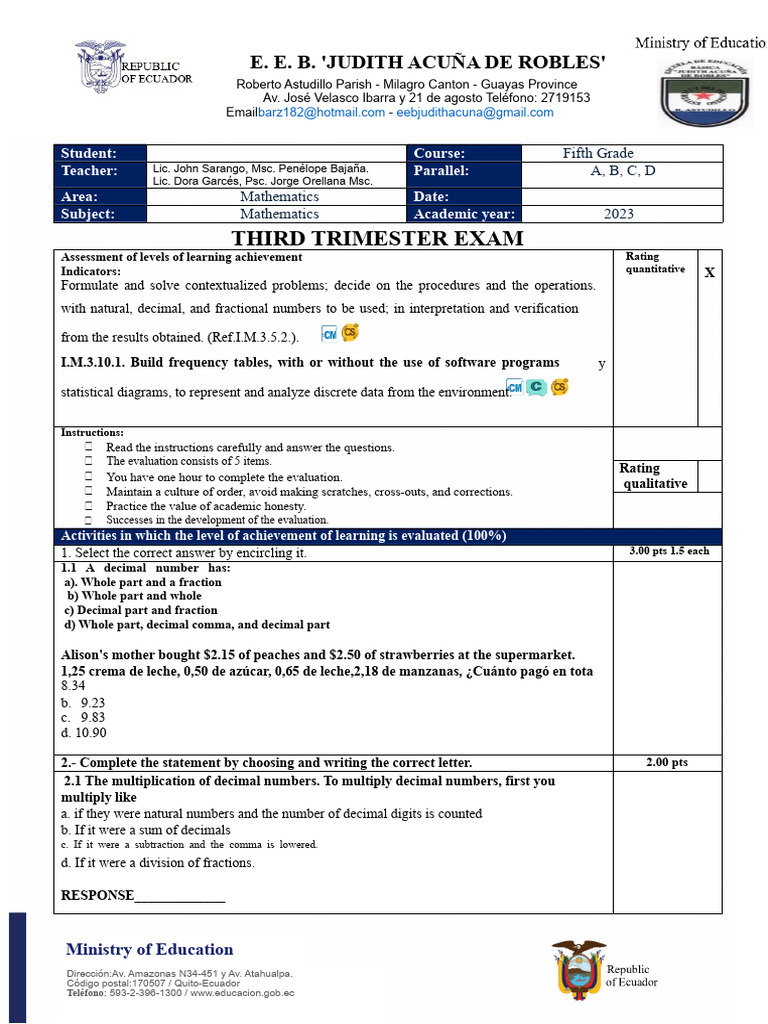 Mathematics Trimester Exam 3rd Term 5th Grade 2023 - 2024 | PDF ...