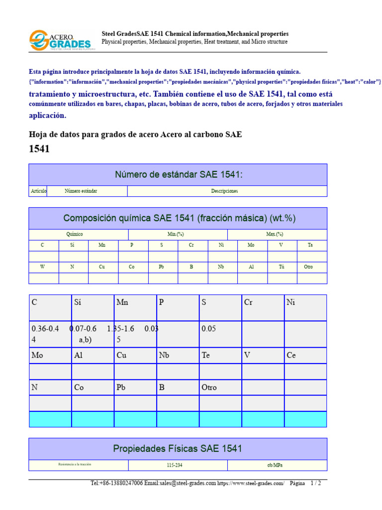 Hoja de Datos SAE 1541 | PDF | Acero | Laminado (metalmecánica)