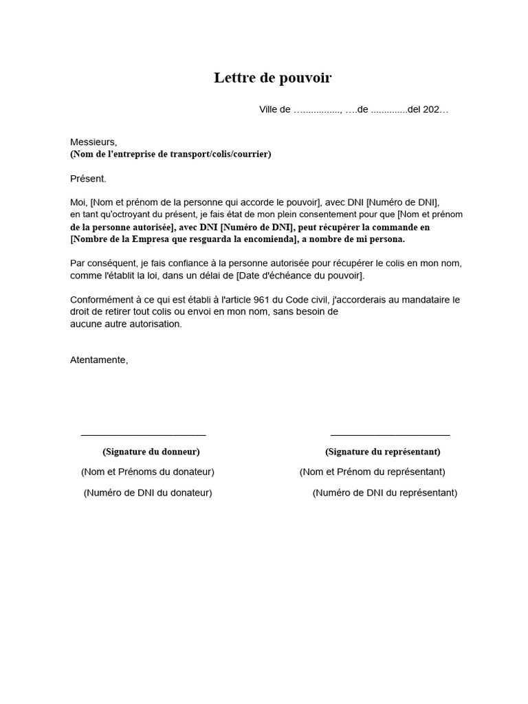 Modèle de lettre de pouvoir pour colis | PDF