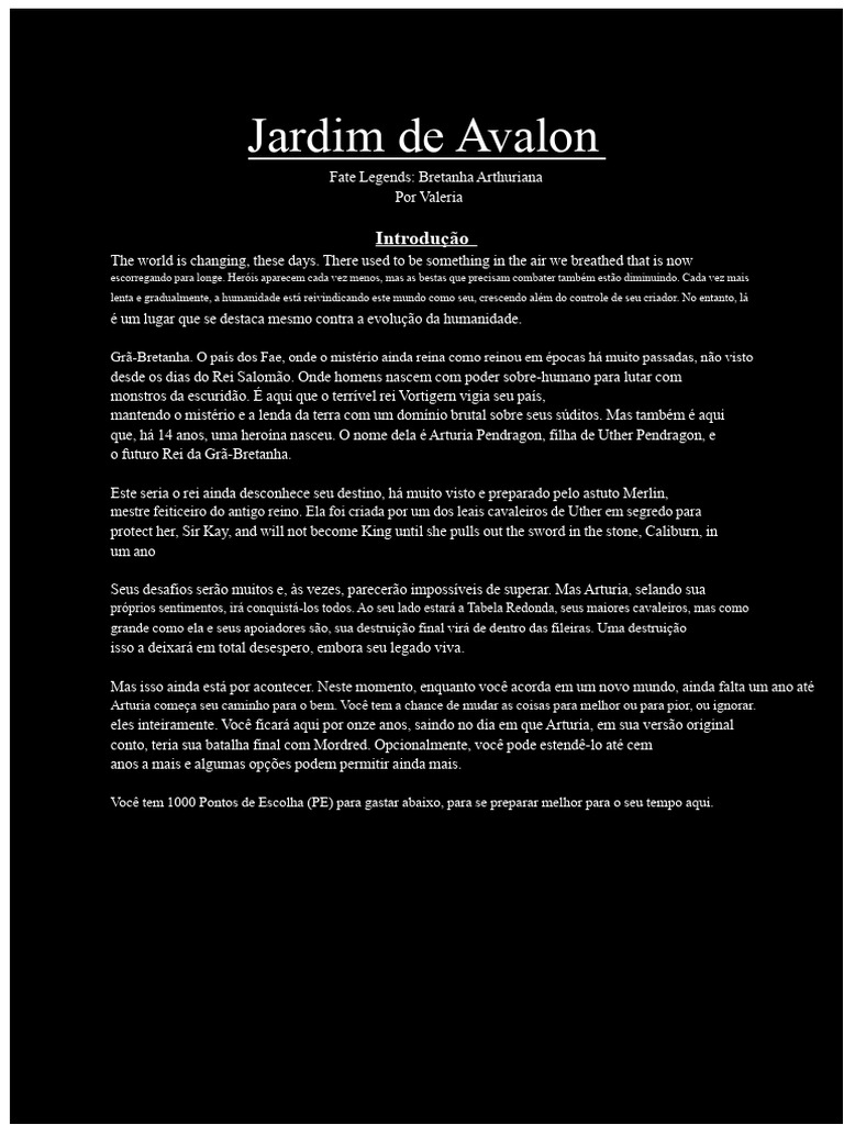 Fate_Legends - Jardim de Avalon JumpChain | PDF | Tempo | Mágico (fantasia)